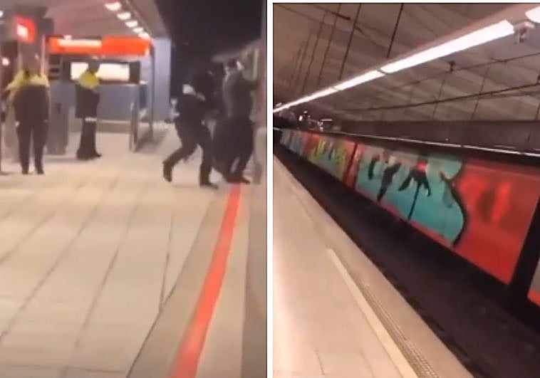 Un grupo de grafiteros pinta los vagones de un metro en la estación de Ibarbengoa | El Correo